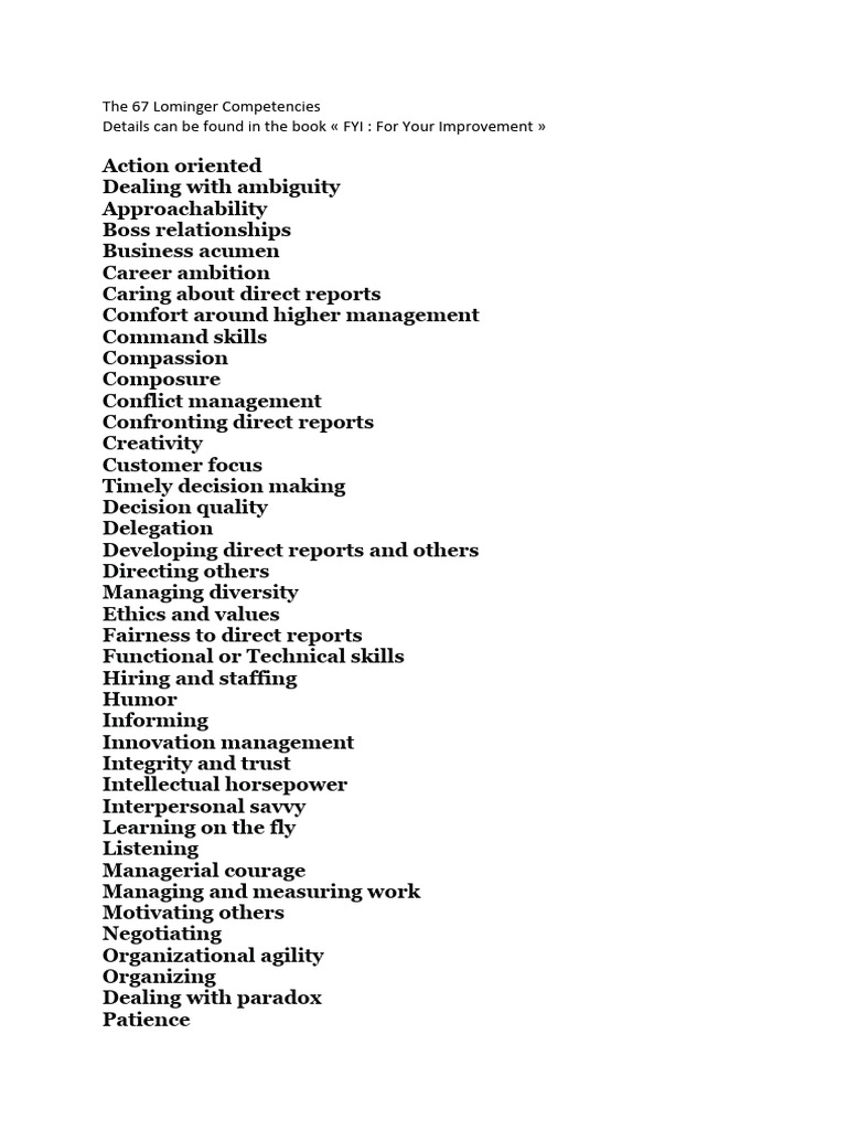 The 67 Lominger Competencies | PDF | Career & Growth
