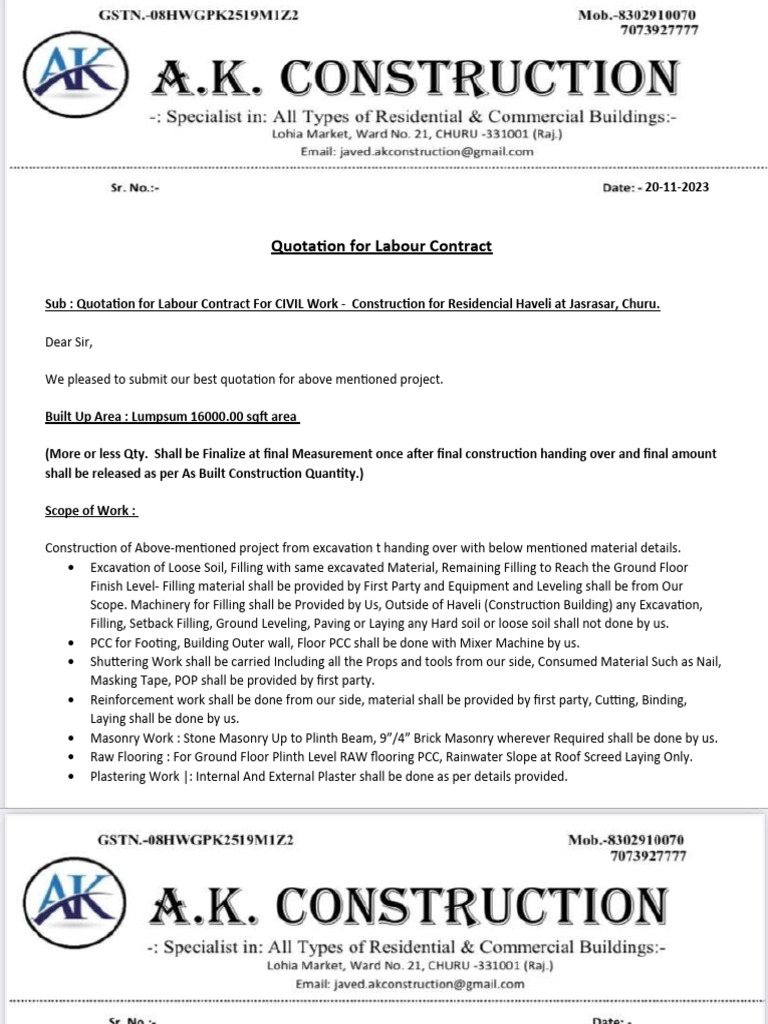 Quotation For Haveli Work at Jasrasar | PDF | Masonry | Wall