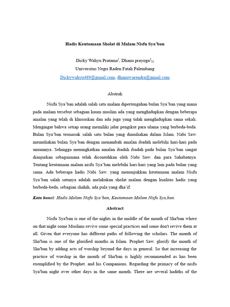Hadis Keutamaan Sholat Di Malam Nisfu Sya'ban Dicky Wahyu Pratama Dan Dhanu Warendra | PDF
