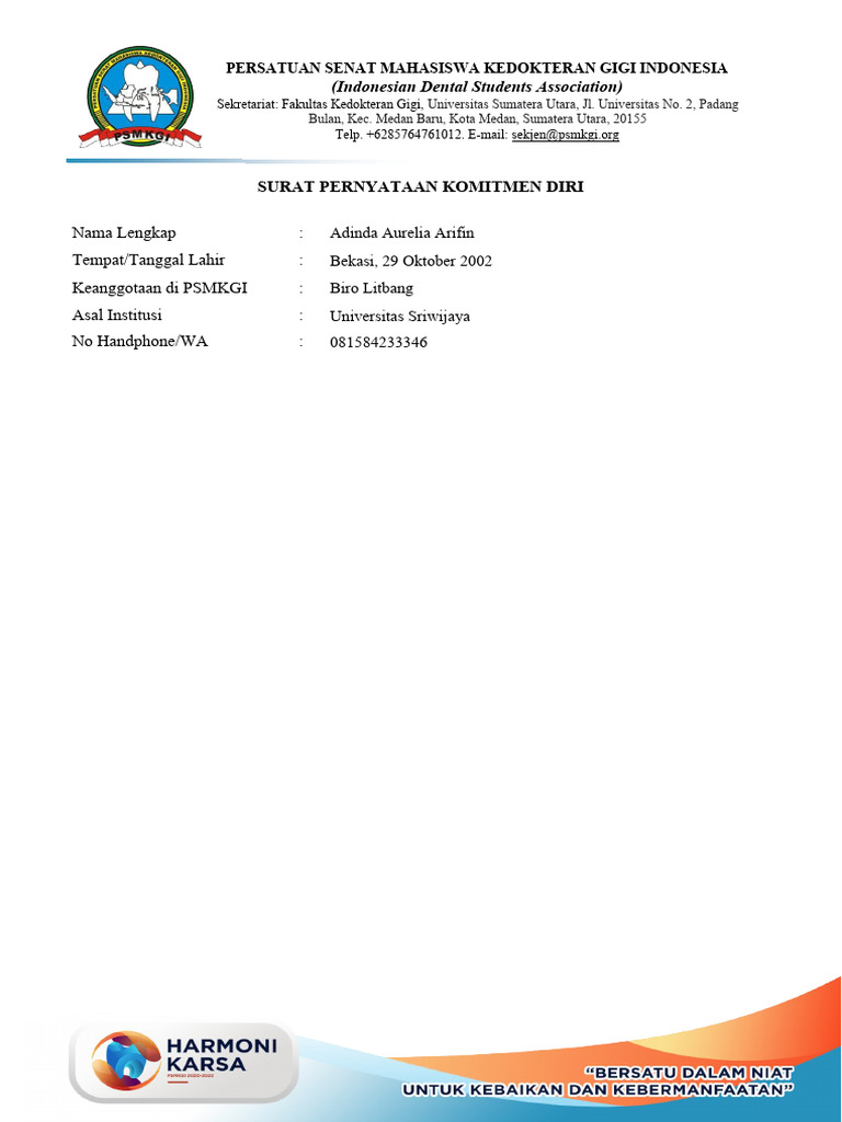 Surat Pernyataan Komitmen Diri | PDF