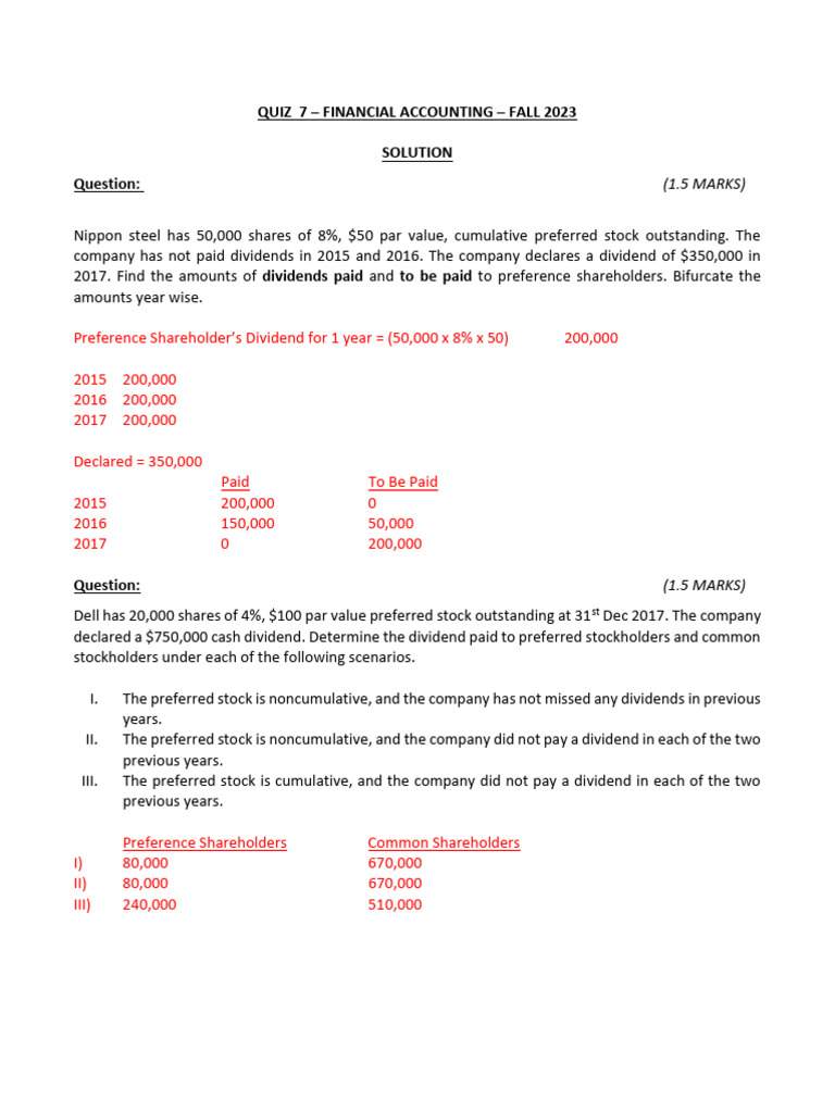 Quiz 7 (Solution) | Download Free PDF | Preferred Stock | Dividend