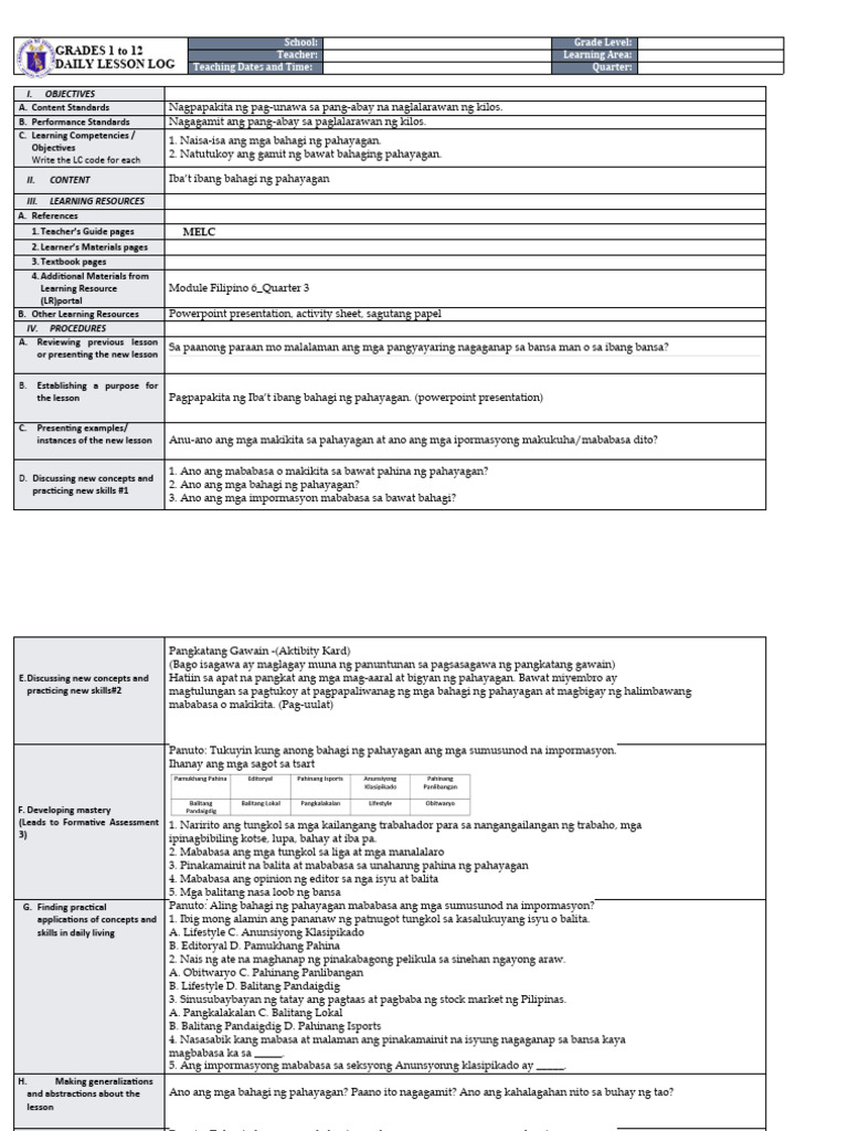 FILIPINO - Q3-W5 Day1 | PDF | Learning | Cognition