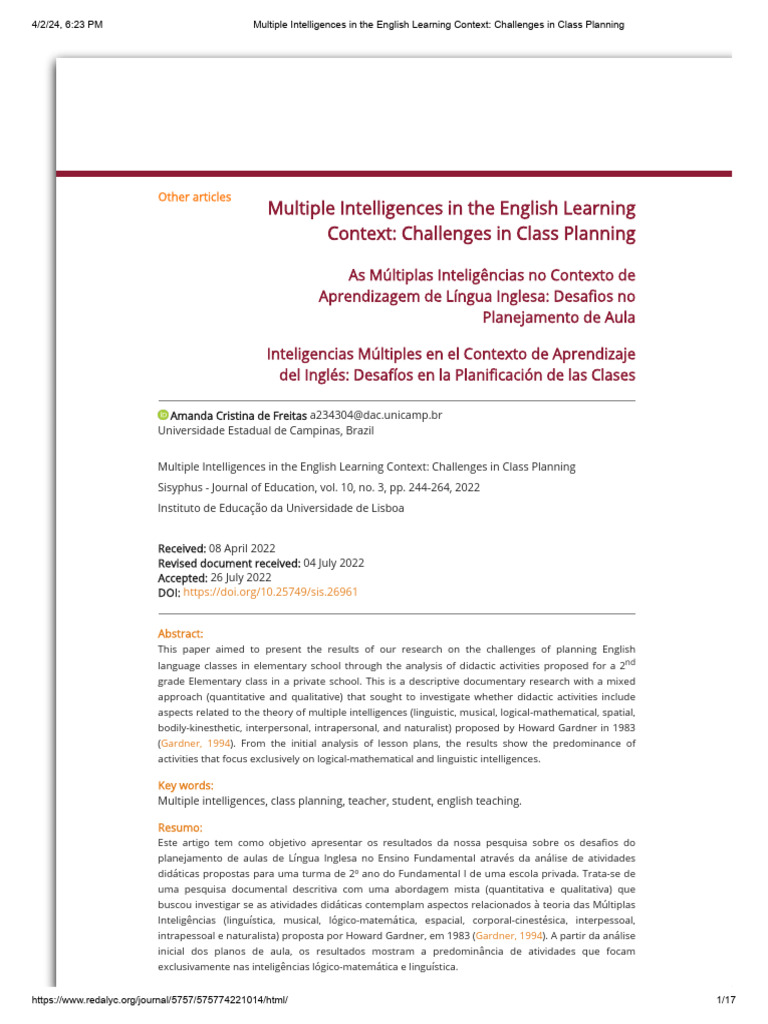 Multiple Intelligences in The English Learning Context - Challenges in Class Planning | PDF ...