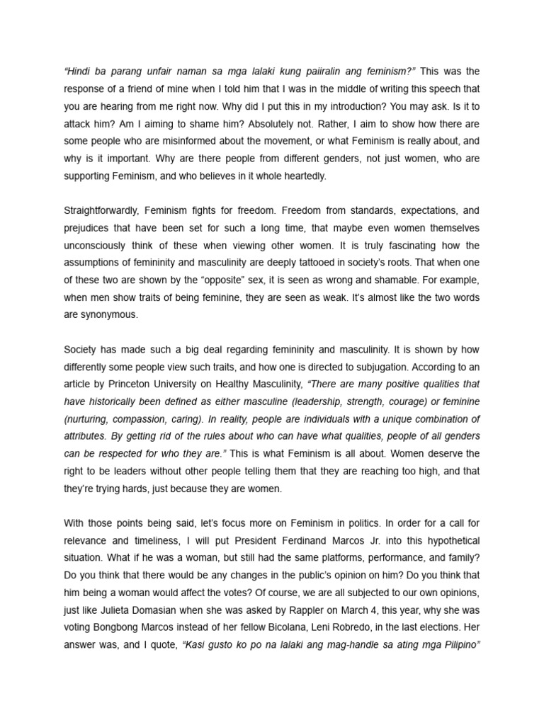 Feminism Speech | Download Free PDF | Gender Studies | Feminism