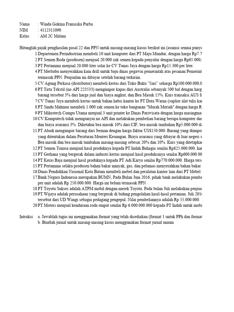 Tugas 8 - Winda Gokma Fransiska Purba - 4112311084 Tugas PPH 22 | PDF