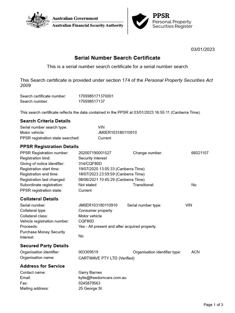 PPSR Search Certificate 1705985171370001 | PDF | Vehicles