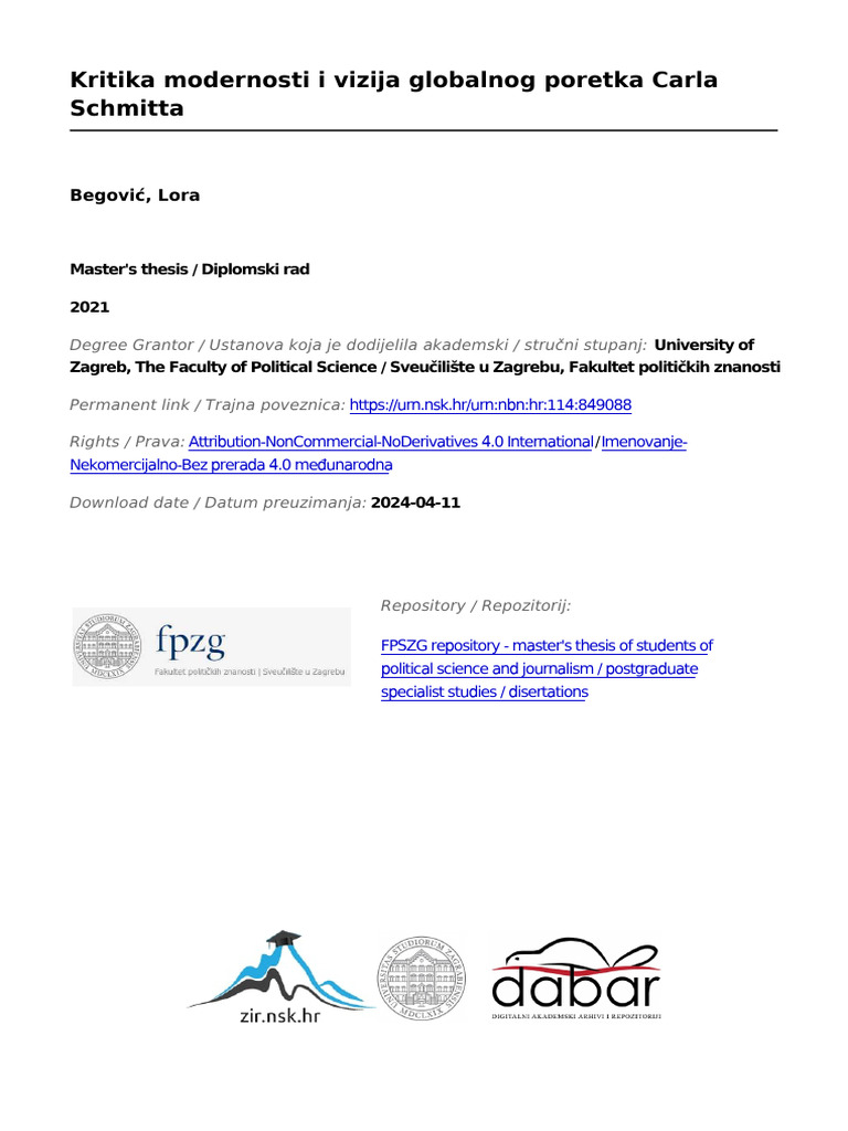 Begovic Diplomski Rad Kritika Modernosti I Vizija Globalnog Poretka Carla Schmitta | PDF