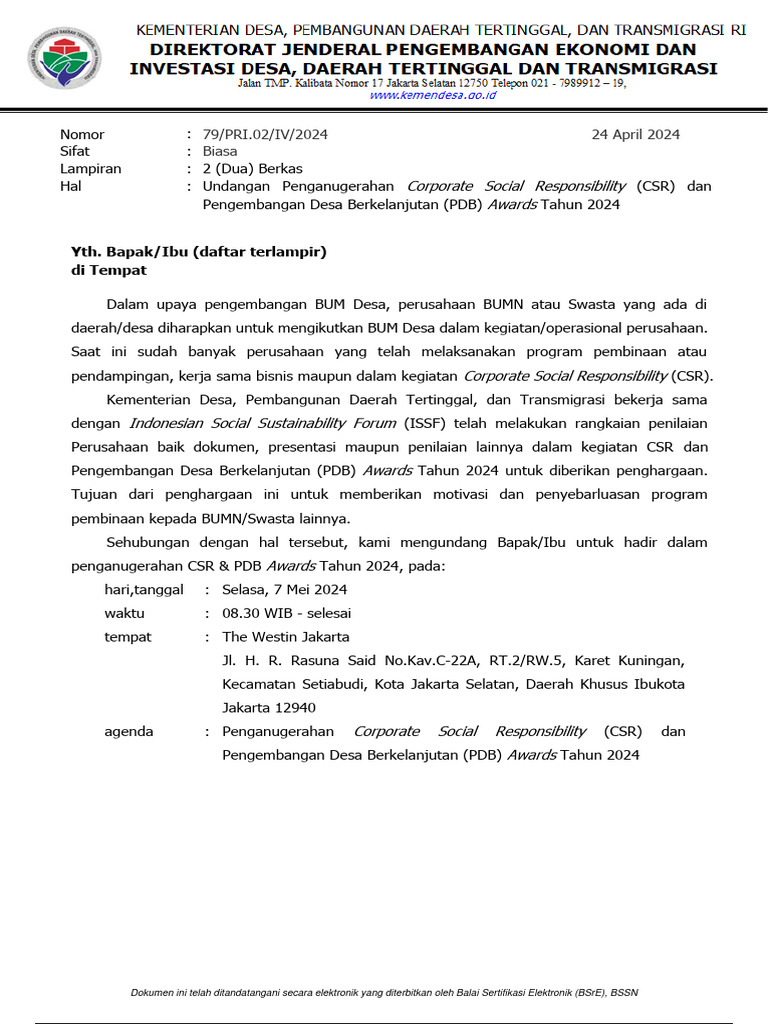 79 - Surat Undangan Penganugerahan Corporate Social Responsibility (CSR ...