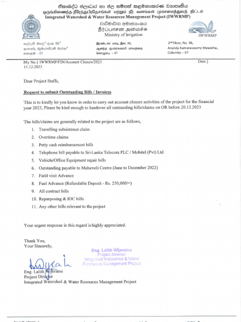 Request Letter - Submit Outstanding Bills | PDF