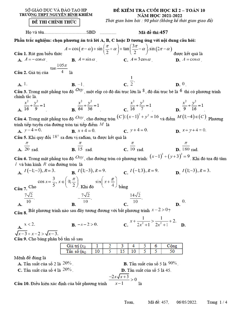 De Thi Giua Hoc Ky 2 Toan 10 | PDF