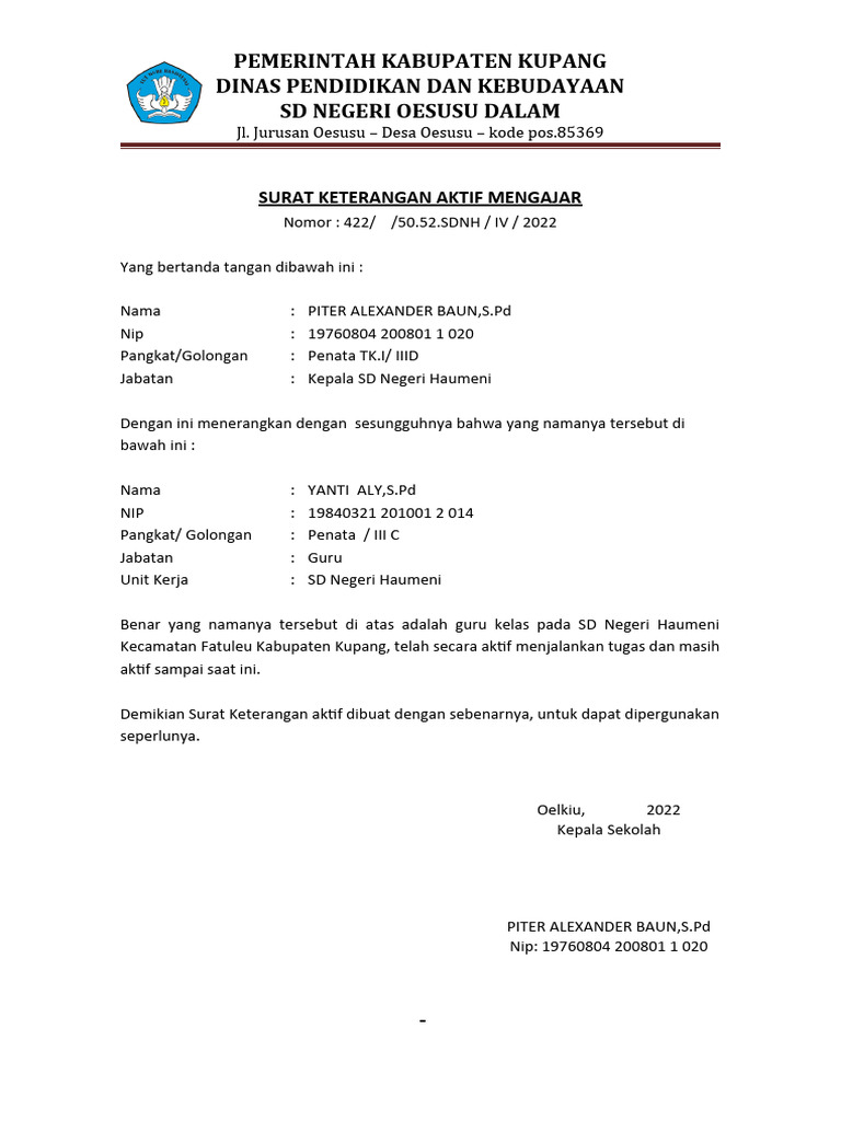 Surat Keterangan Aktif Mengajar | PDF