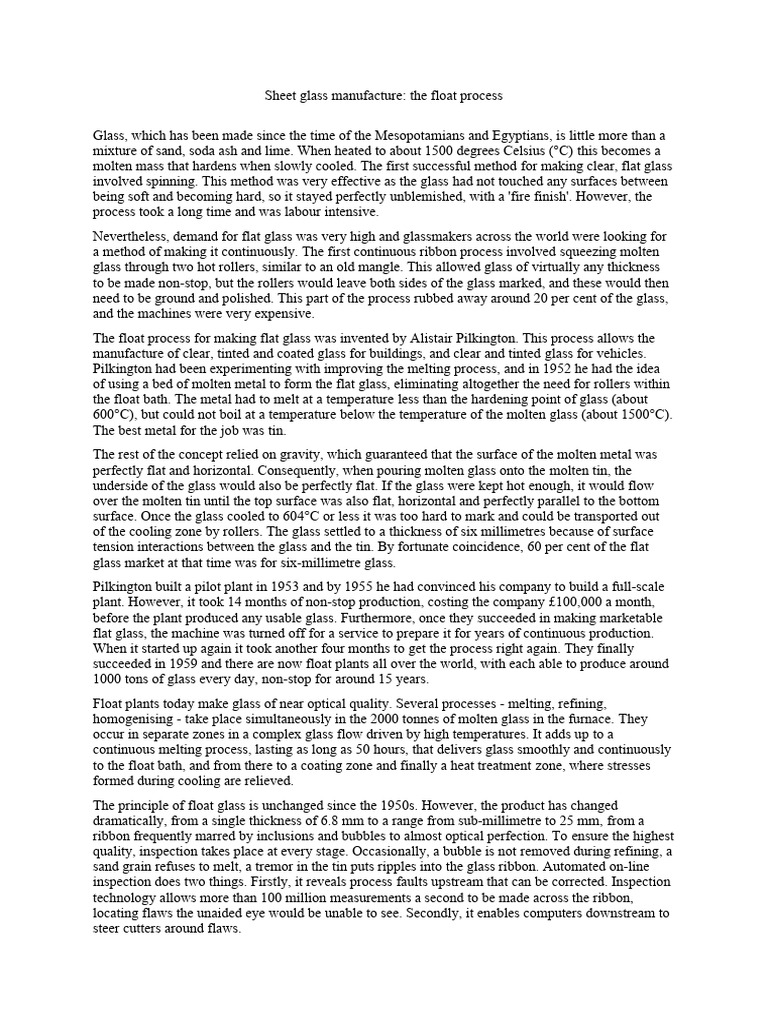 Float Glass Manufacturing Process Explained | PDF | Glasses | Melting