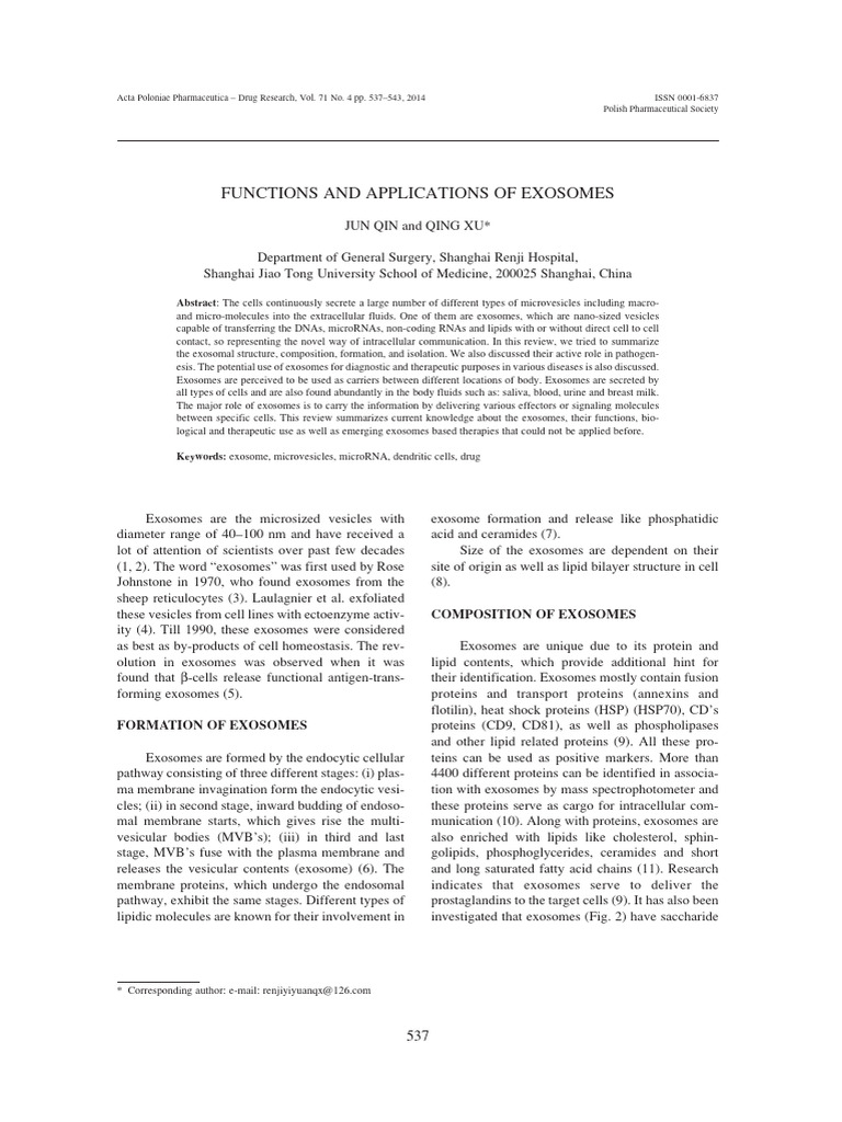 Functions and Applications of Exosomes | PDF | Immunotherapy ...