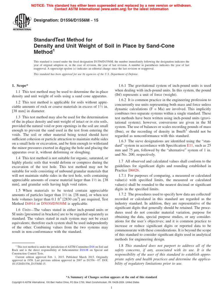 Standard Test Method For Density and Unit Weight of Soil in Place by ...