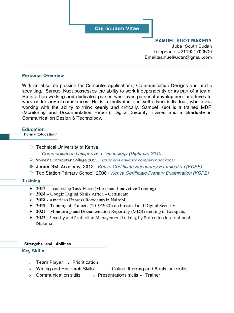 Samuel Kuot Makeny: CV & Skills Summary | PDF | South Sudan