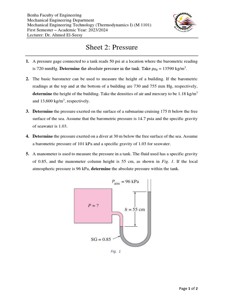 Sheet 2 - Pressure | Download Free PDF | Pressure | Pressure Measurement