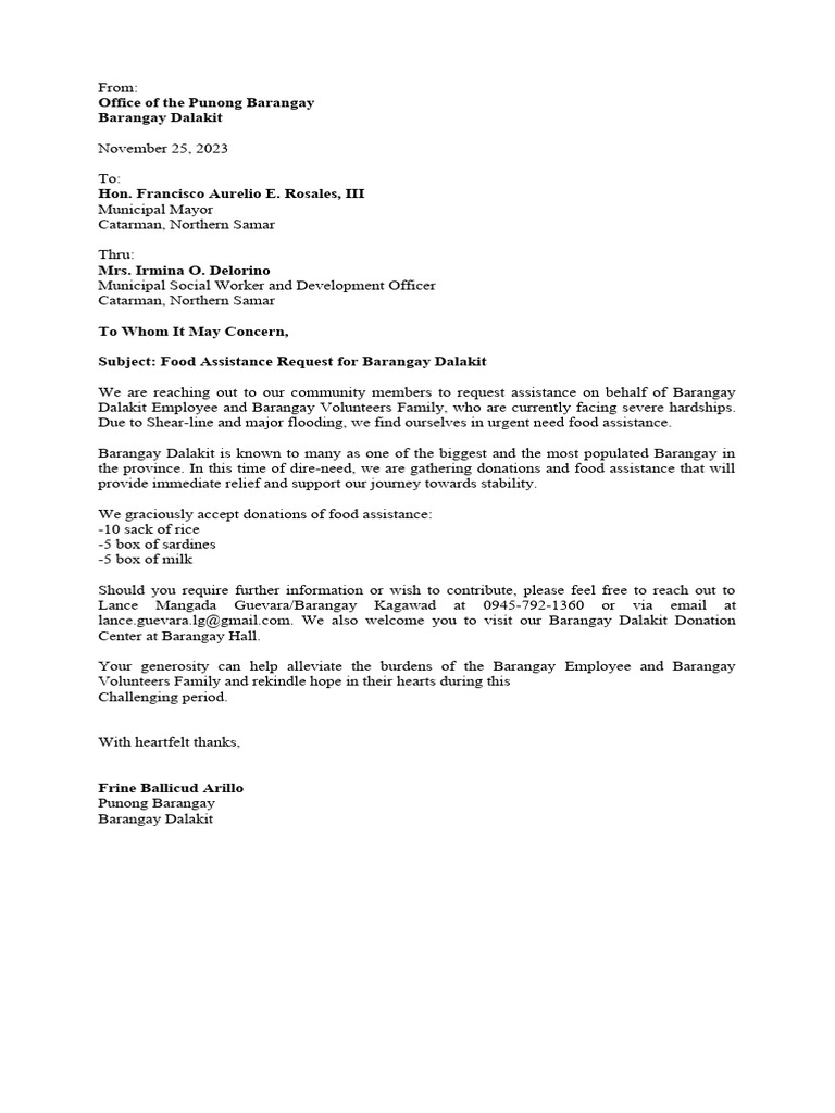 Food Assistance Request for Dalakit | PDF
