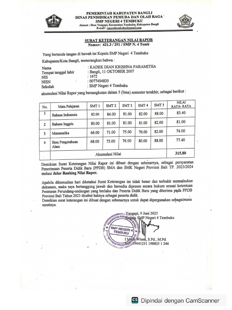 surat keterangan nilai rapot | PDF