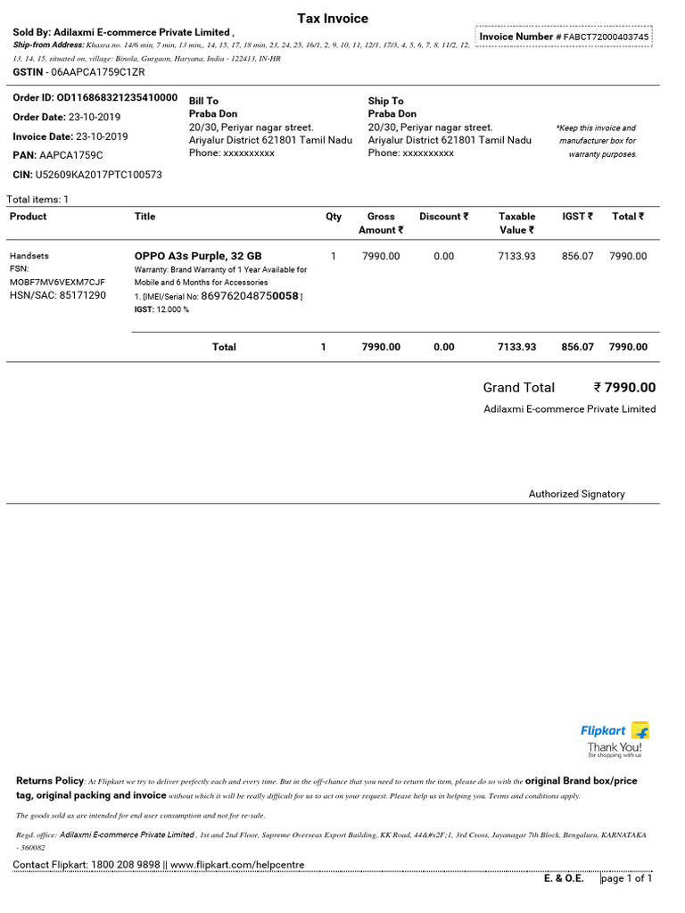 Flipkart Invoice | PDF | Taxes