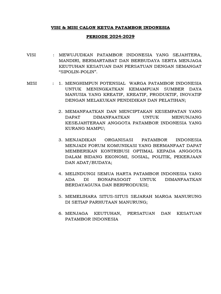 Visi dan Misi Patambor Indonesia 2024-2029 | PDF | Bisnis | Ilmu Sosial