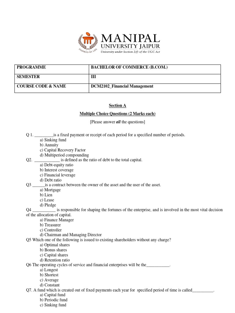 Model Question Paper DCM2102 - Financial Management | PDF | Dividend ...