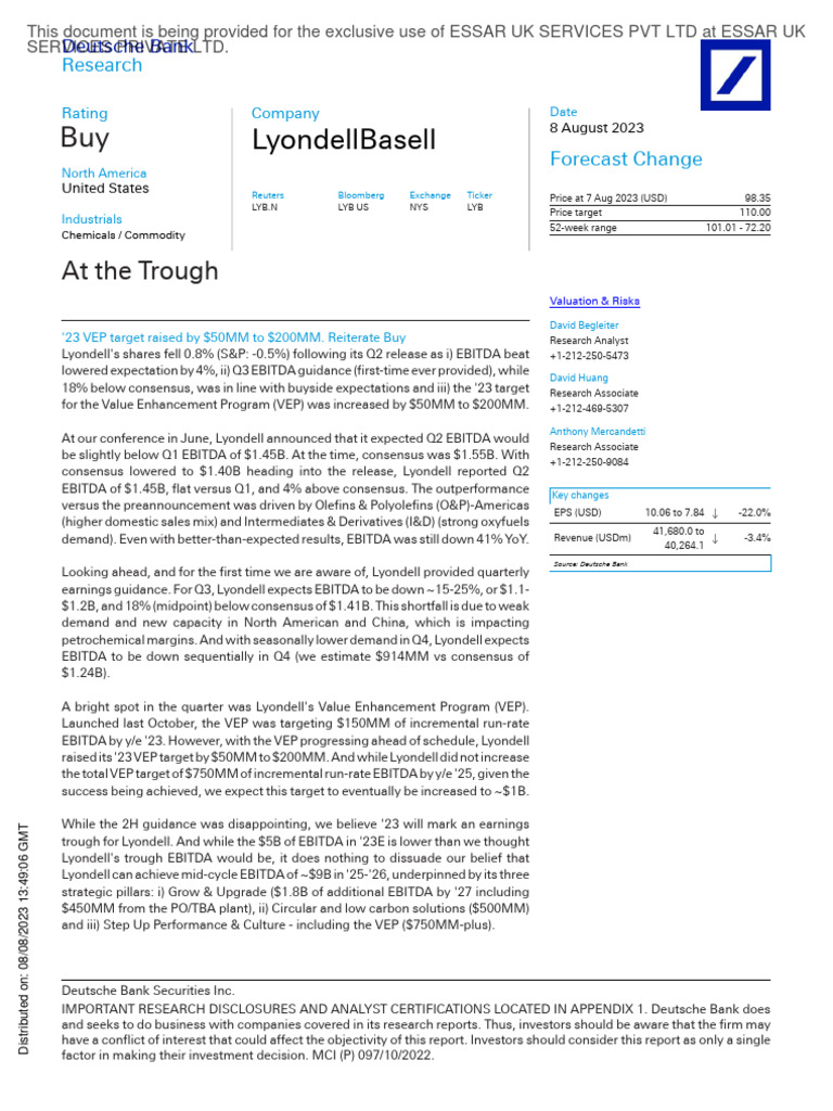 Investors' Guide: Lyondell's 2023 Outlook | PDF | Economies