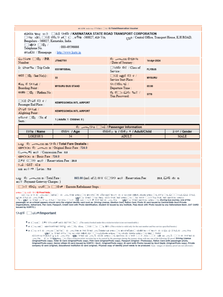 ToEdit Ksrtc-BUS-TICKET | PDF | Identity Document | Transport