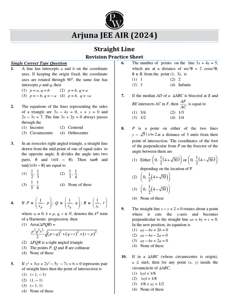 Straight Line - Practice Sheet | PDF | Triangle | Elementary Geometry