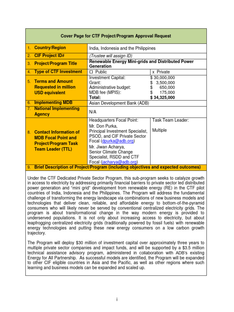 ADB CTF Proposal - RE Mini-Grids Program PUBLIC - 1 | PDF | Renewable ...
