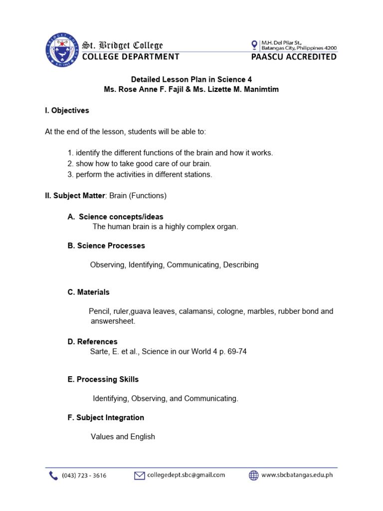 Science Lesson Plan.1 1 | Download Free PDF | Brain | Senses