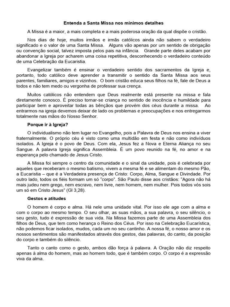 Entenda a Santa Missa Detalhadamente | PDF | Eucaristia | Oração