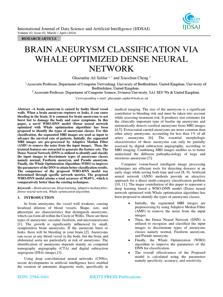 Brain Aneurysm Classification Via Whale Optimized Dense Neural Network ... Brain Aneurysm Classification Via Whale Optimized Dense Neural Network ...