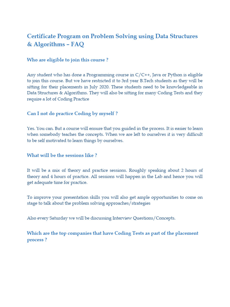 Certificate Program2345 On Problem Solving Using Data Structures And Algorithms Faq Pdf