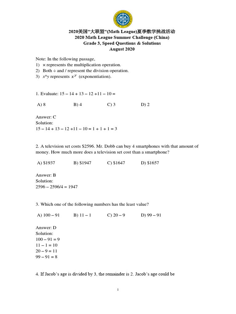 Speed Round Grade 3 Questions & Solutions | PDF | Numbers | Elementary Mathematics