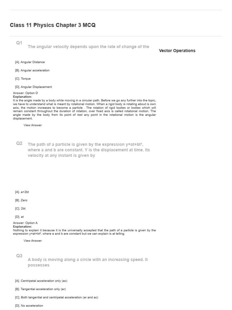 Chapter 3.1 Motion in A Plane Mcqs | PDF | Rotation Around A Fixed Axis | Acceleration