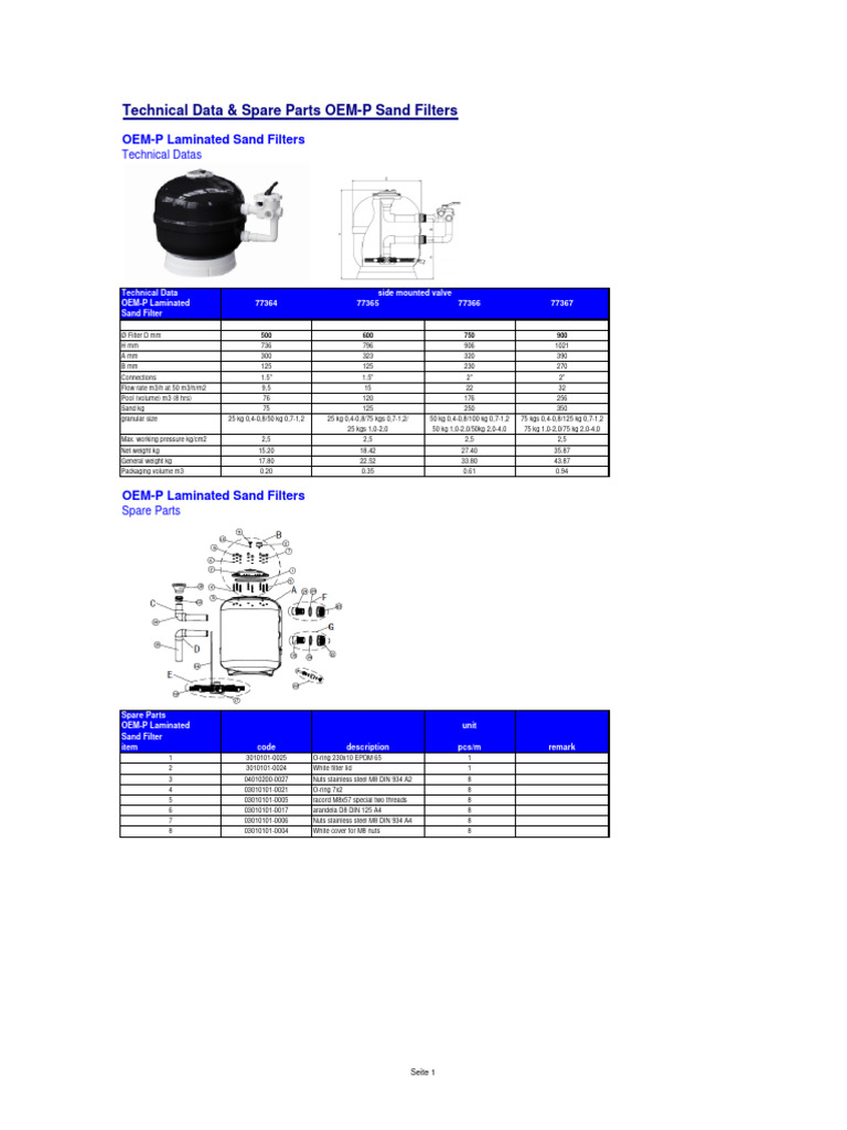 Technical Data OEMP Sand Filters | PDF | Pipe (Fluid Conveyance) | Screw