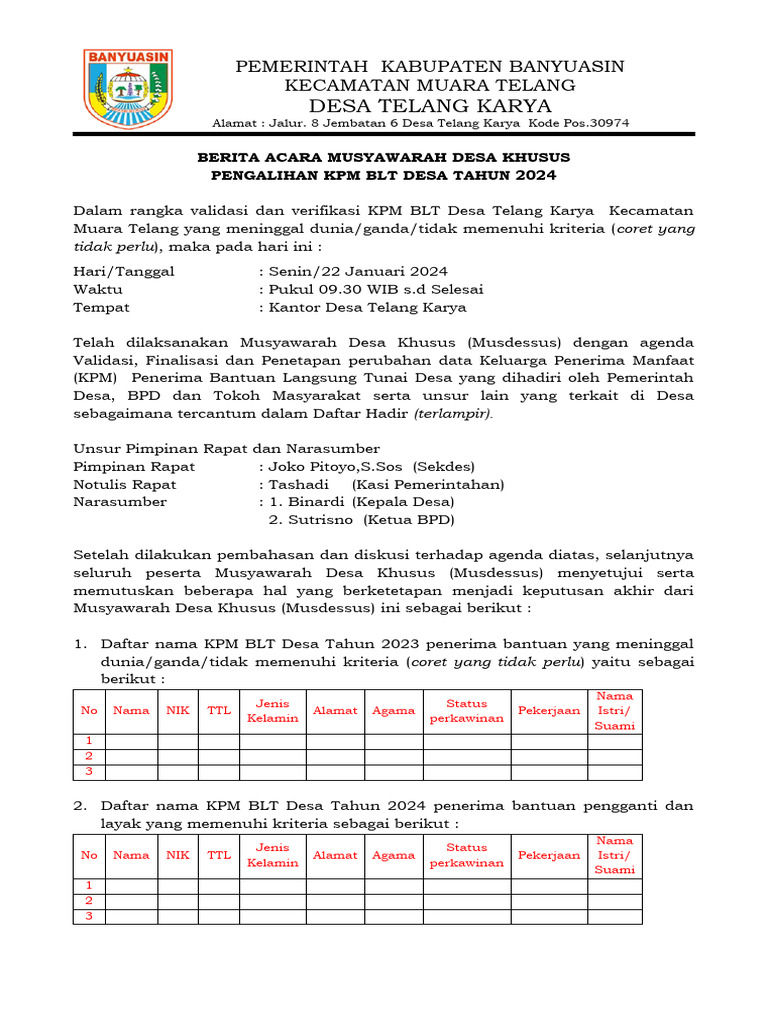 Berita Acara Pengalihan Blt Desa 2024 1 Pdf