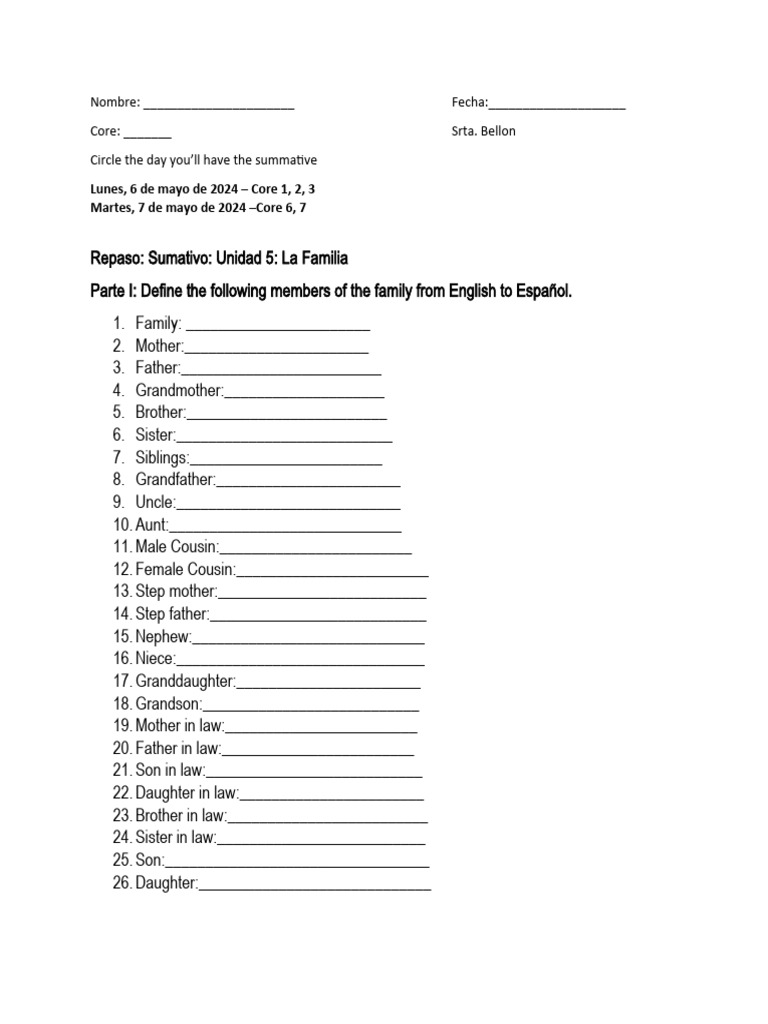 Repaso Sumativo Unidad 5 La Familia | PDF | Linguistics