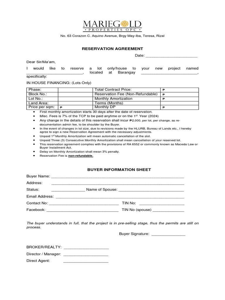 Reservation Agreement for Real Estate Lot | PDF | Private Law | Business