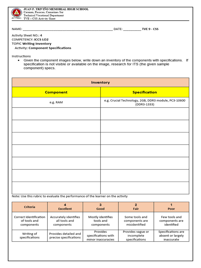Activity Sheet - Computer Systemtem Component Inventory | PDF | Rubric ...