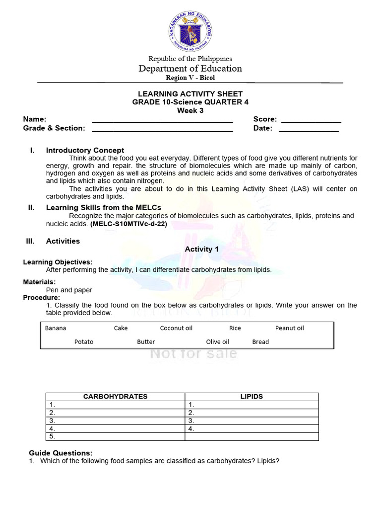 Science 10 Q4 LAS Week 3 | PDF | Carbohydrates | Polysaccharide