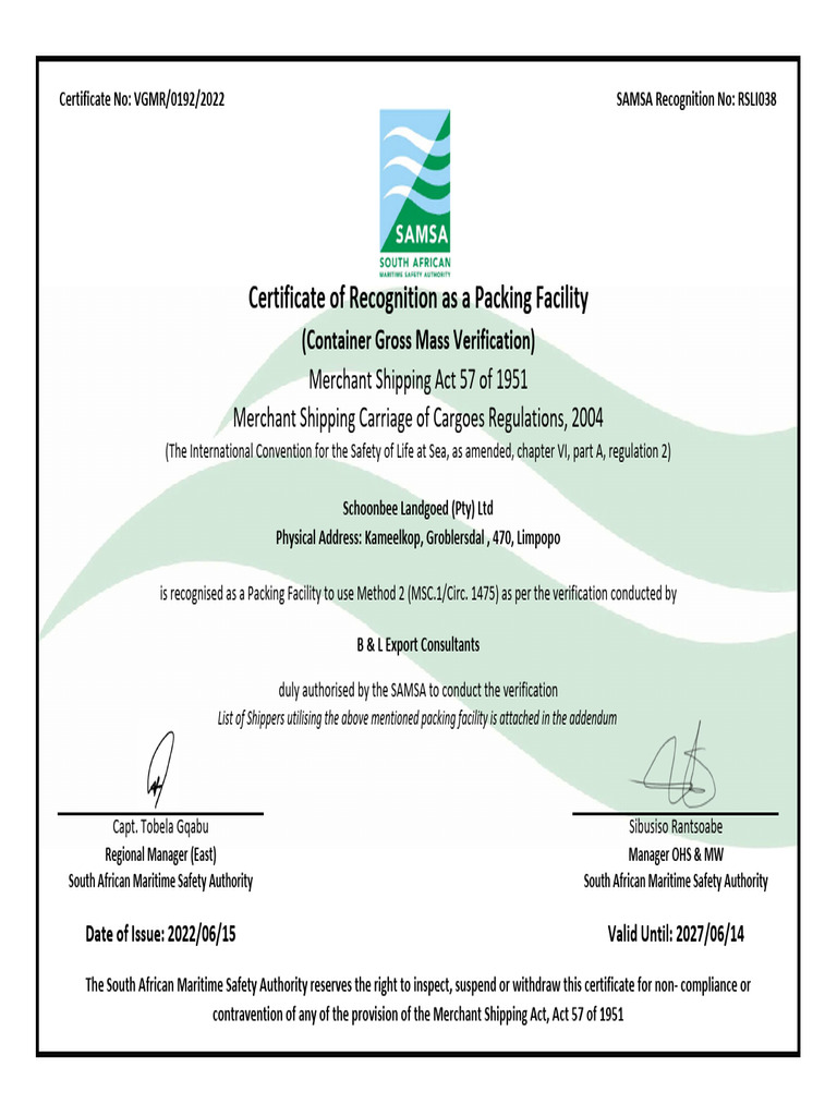 Schoonbee Packing Certificate 2022 | PDF | Shipping | Water Transport