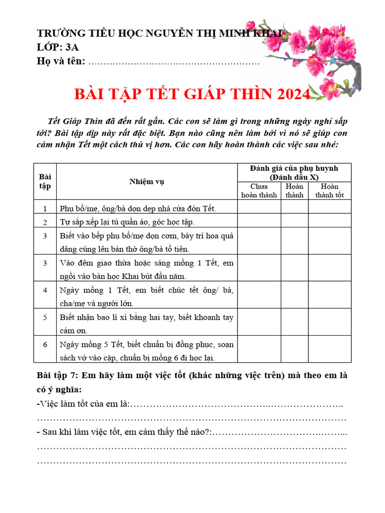 BÀI TẬP TẾT - LỚP 3A | PDF