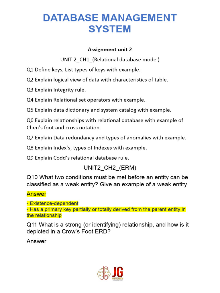 Assignment - Unit 2 - Answers | PDF | Relational Database | Databases Assignment - Unit 2 - Answers | PDF | Relational Database | Databases