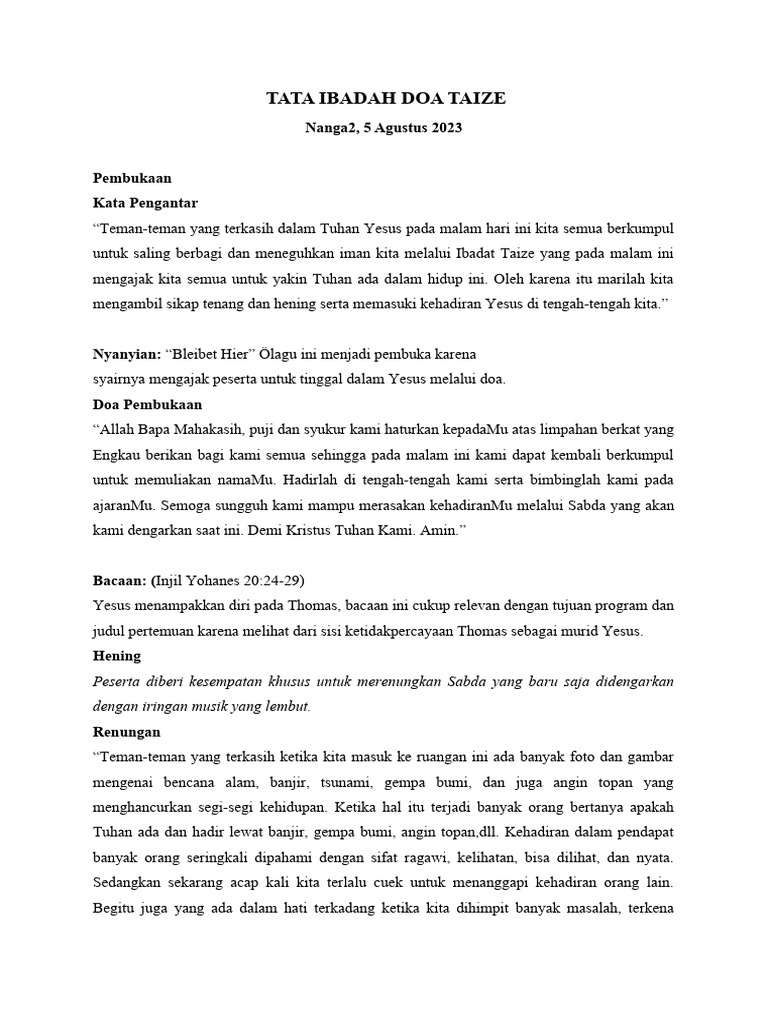 Tata Ibadah Doa Taize Katolik | PDF | Filsafat | Agama & Spiritualitas