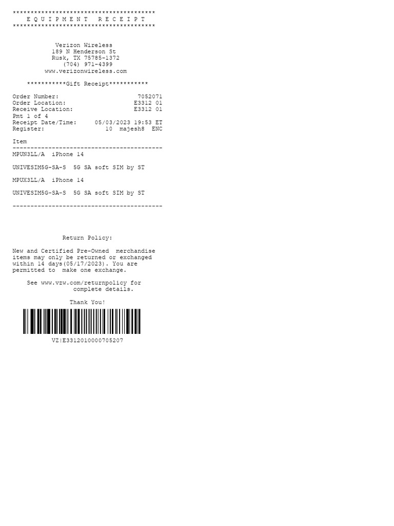Verizon Gift Receipt | PDF | Technology & Engineering