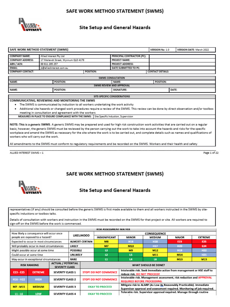 ALLIED INTEREST SWMS - 001 - Site Setup and General Hazards | PDF ...