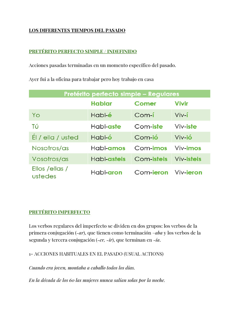 Tiempos Verbales del Pasado en Español | PDF | Artes del Lenguaje y ...