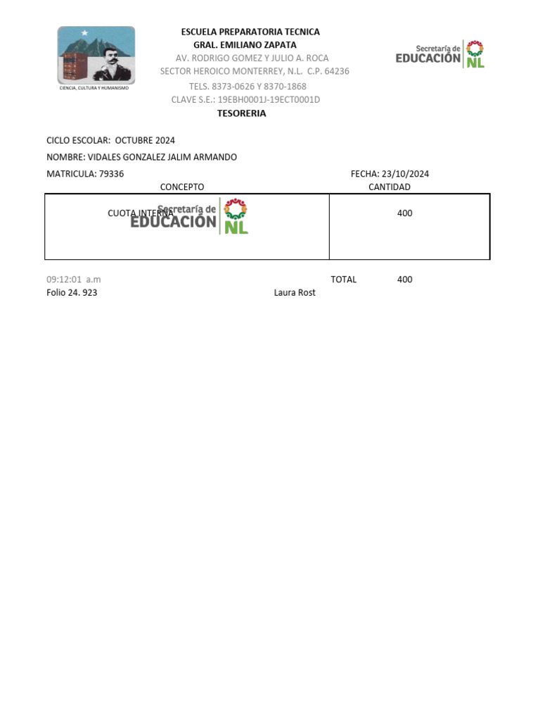 Recibo de Pago Escolar 2024 | PDF