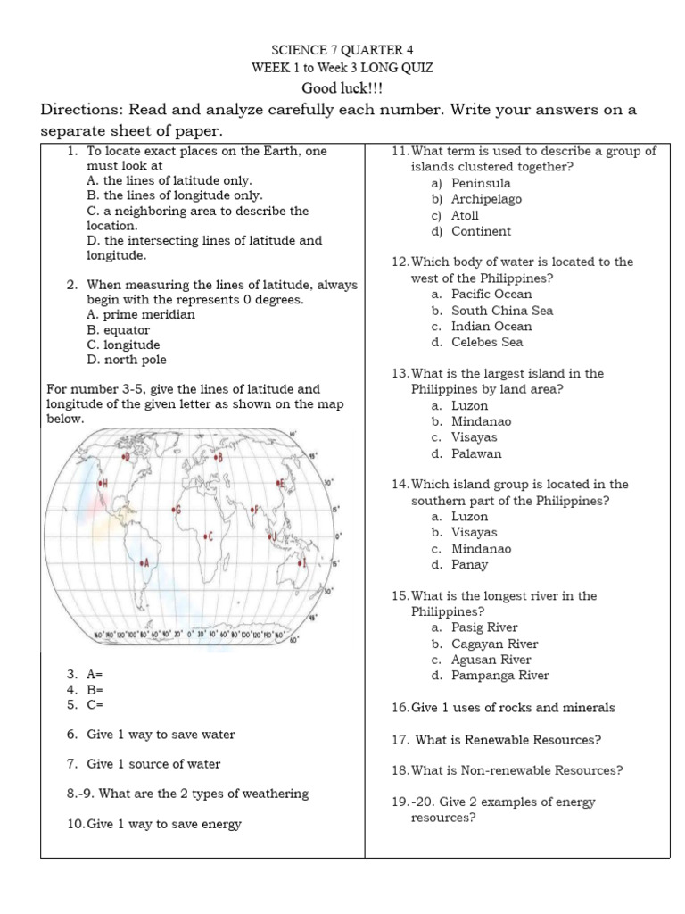 LONG QUIZ | PDF | Latitude | Longitude